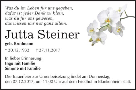 Traueranzeigen Von Jutta Steiner Abschied Nehmen De