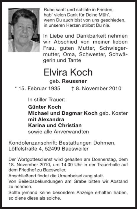 Traueranzeigen Von Elvira Koch Aachen Gedenkt