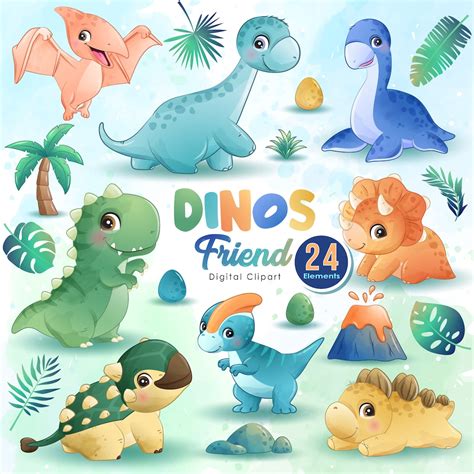 Doodle Dinosaur Friends Digital Clipart With Watercolor Illustration
