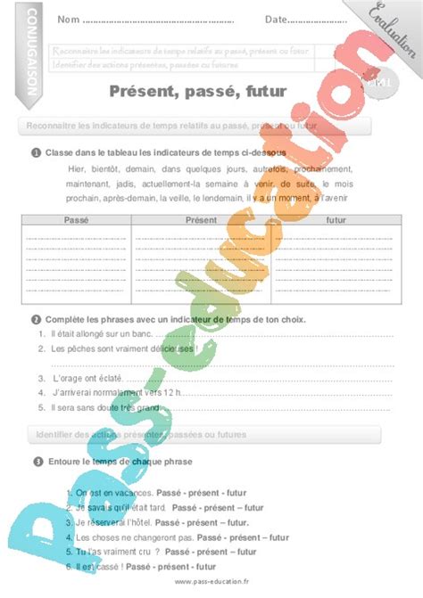 Evaluation Passé présent futur CM1 Bilan et controle corrigé pdf