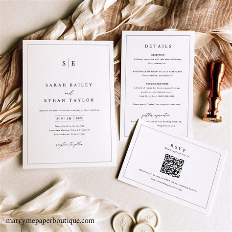 Wedding Invitation Template Set Minimalist Wedding Monogram QR Code