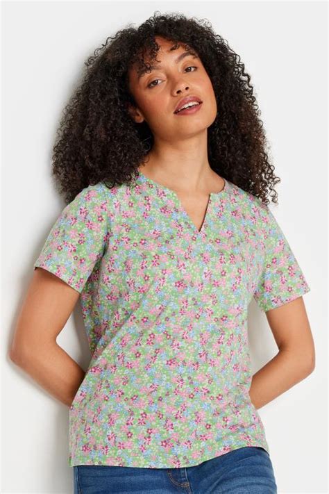 M Co Green Print Notch Neck Cotton Top M Co