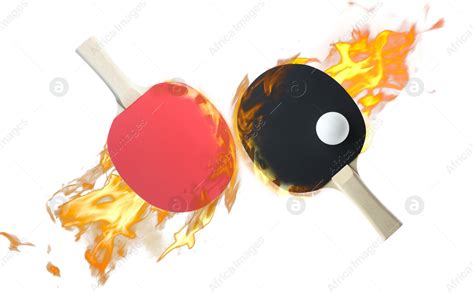 Ping Pong Rackets And Ball In Fire On White Background Stock Photo