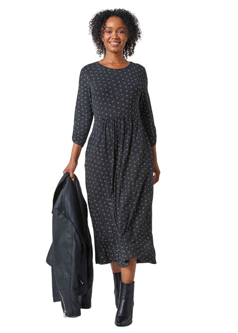 Roman Petite Black Spot Pocket Stretch Ruched Midi Dress Matalan