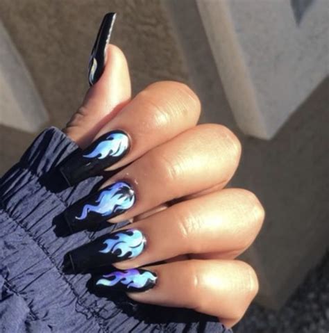 Black Nails With Blue Flames Long Acrylic Nails Green Acrylic Nails