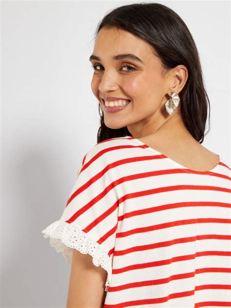 Tee shirt marinière avec manches brodées Rouge blanc Kiabi 2 40