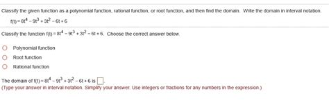 solved classify the given function as polynomial function rational function or root function