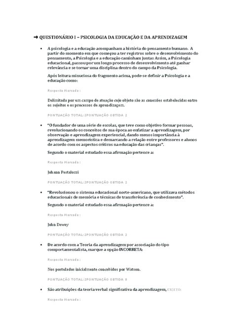 Question Rio I Psicologia Da Educa O E Aprendizagem Question Rio I