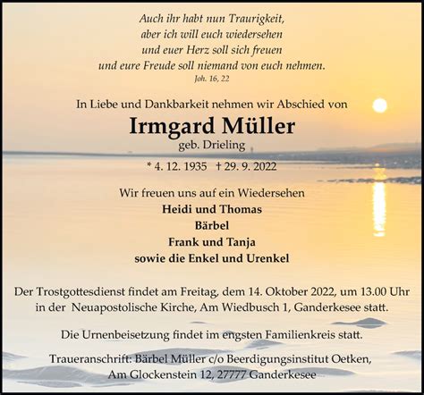 Traueranzeigen von Irmgard Müller noz Trauerportal