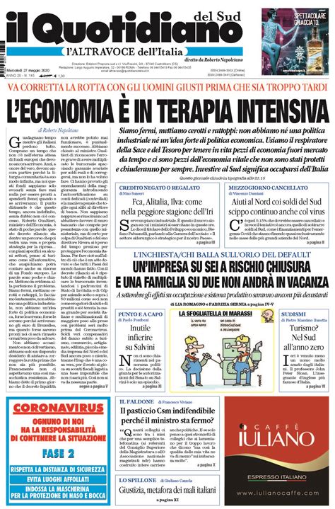 La Prima Pagina Del Quotidiano Del Sud L Altravoce Dell Italia In