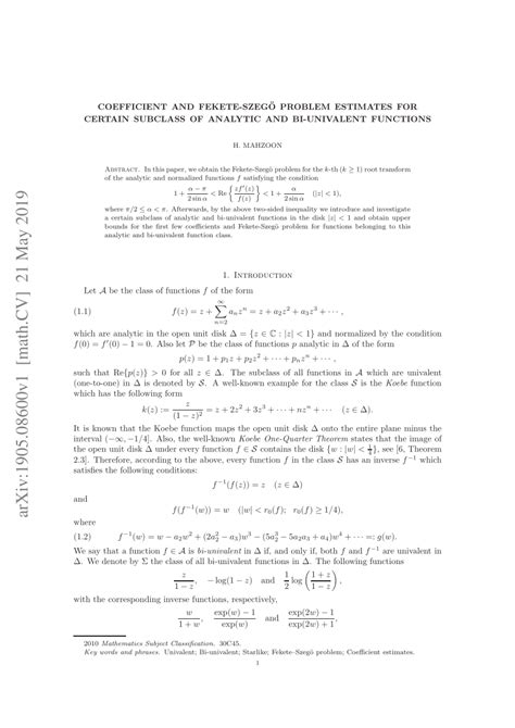 pdf coefficient and fekete szeg o problem estimates for certain subclass of analytic and bi