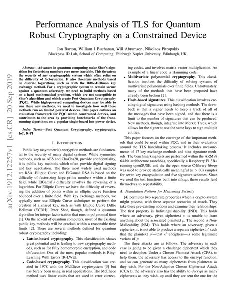 pdf performance analysis of tls for quantum robust cryptography on a constrained device
