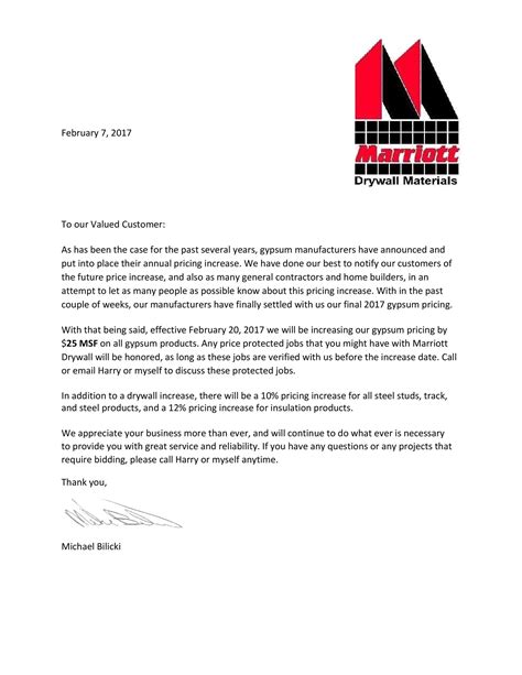 Price Increase Letter Example