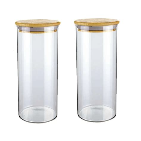 Kit 2 Potes Porta Mantimentos De Vidro Tampa De Bambu 600ml Dupari