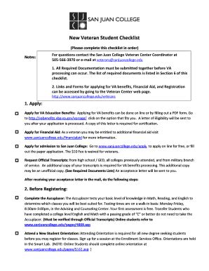 Fillable Online Sanjuancollege New Veteran Student Checklist And