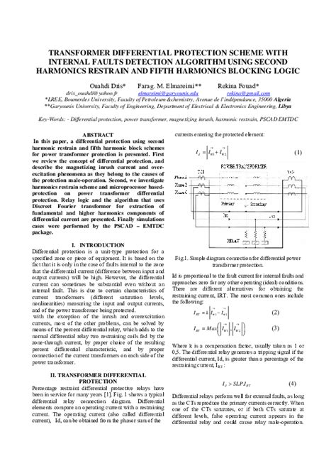 pdf transformer differential protection scheme with internal faults detection algorithm using