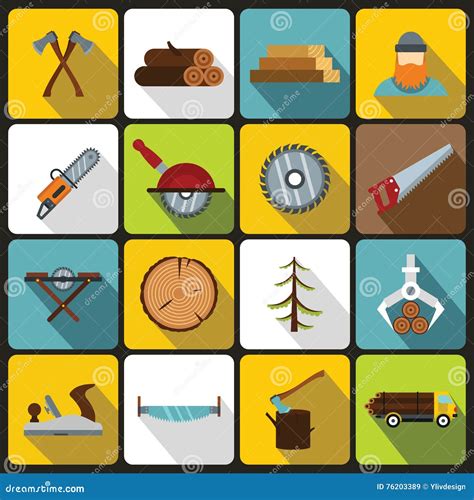 Iconos Fijados Estilo Plano De La Industria De La Madera Ilustración