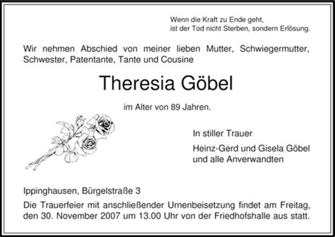 Traueranzeigen von Theresia Göbel Trauer HNA de