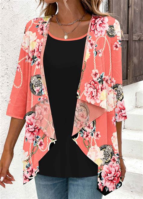 Floral Print Fake In Peach Red Blouse Rosewe Usd