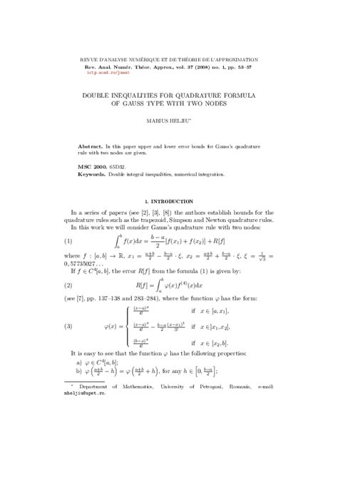 pdf double inequalities for quadrature formula of gauss type with two nodes marius heljiu