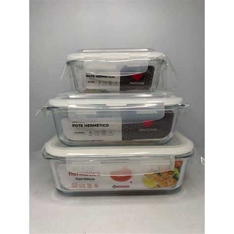 Kit 3 Potes Herméticos de Vidro Resistentes Tampa e Trava Faz a Boa
