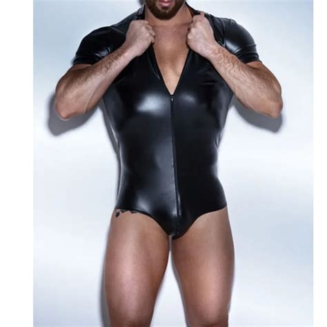 Plus Size XXL Male Latex PU Leather Bodysuit 2017 Black Zipper Front