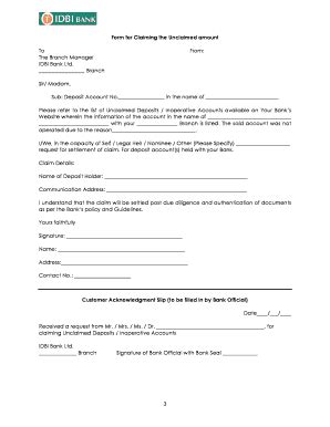 Fillable Online 3 Form For Claiming The Unclaimed Amount To The Branch