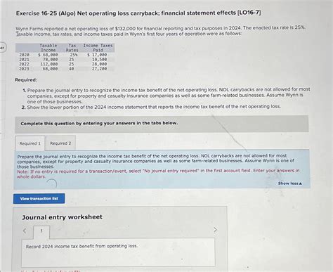 Solved Exercise 16 25 Algo Net Operating Loss Carryback Chegg