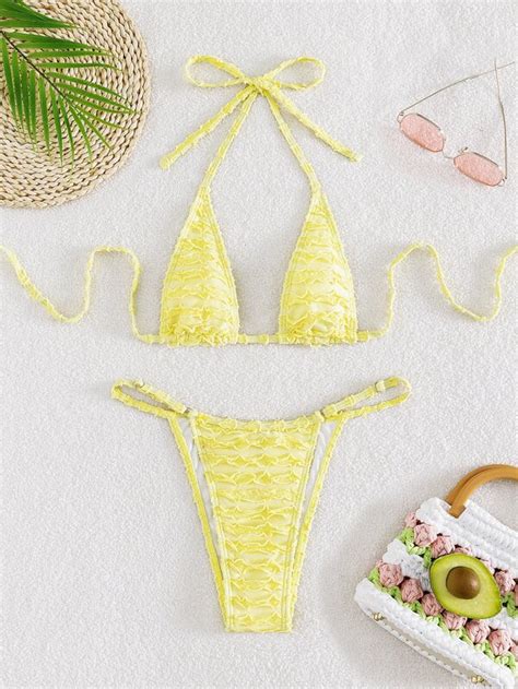 Shein Swim Sxy Textured Bikini Set Halter Micro Triangle Bra Thong