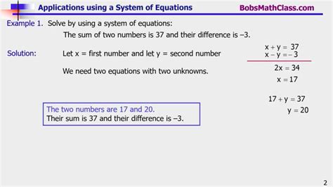 applications using a system of equations bobs math class