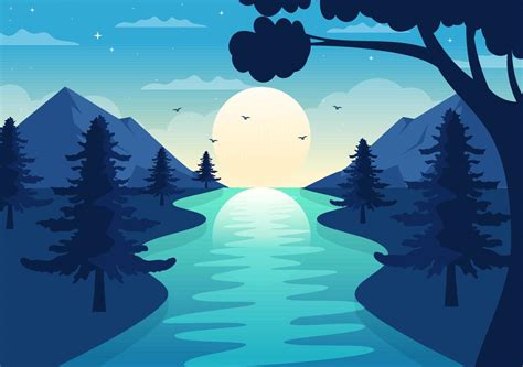Fluss Landschaft Illustration mit Aussicht Berge Grün Felder Bäume