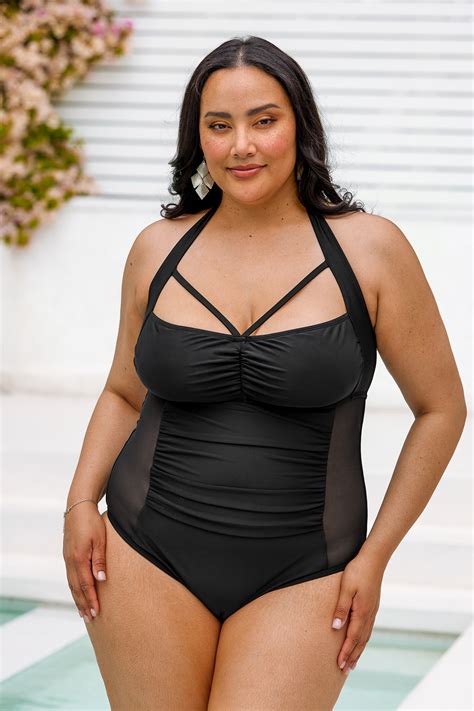 Plus Size Black Strappy Shirred Mesh One Piece Swimsuit Cupshe Uk