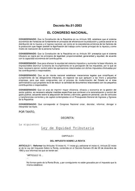 Ley Equidadad Tributaria Decreto 51 2003 Decreto No EL CONGRESO