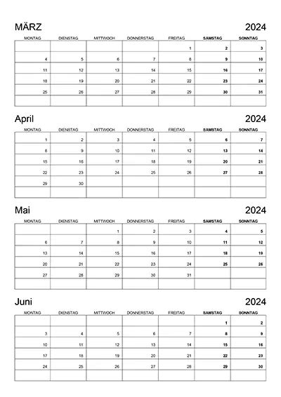 Kalender März April Mai Juni 2024 kalender su