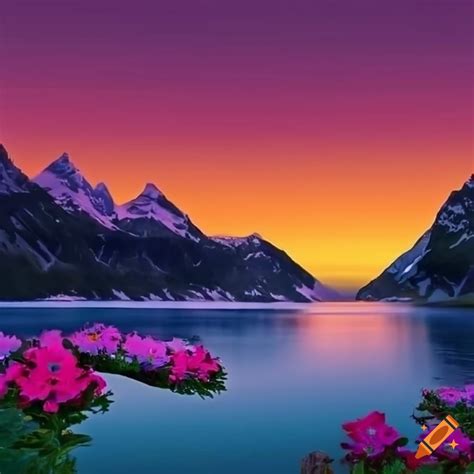 Sunset Over Mountain With Flowers And Lake On Craiyon