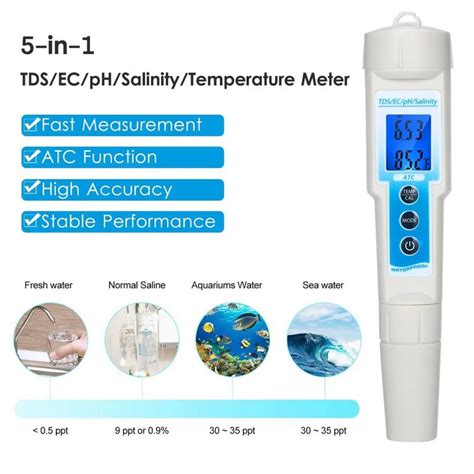 5 In 1 PH Meter Lightweight Durable Waterproof Multi Functional TDS