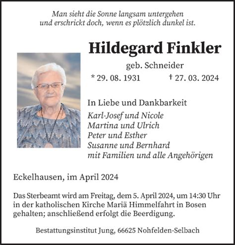 Traueranzeigen Von Hildegard Finkler Saarbruecker Zeitung Trauer De