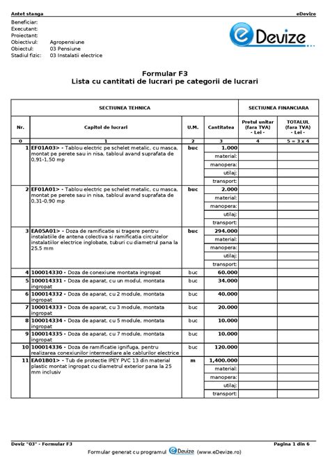 Modele Deviz Lucrari Instalatii Electrice