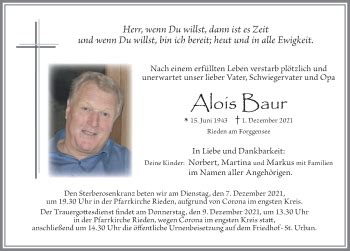 Traueranzeigen von Alois Baur Allgäuer Zeitung