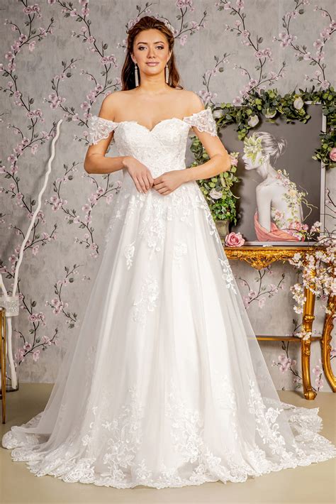 Off Shoulder Sweetheart Mesh Wedding Gown With Embroidery GLS Collective