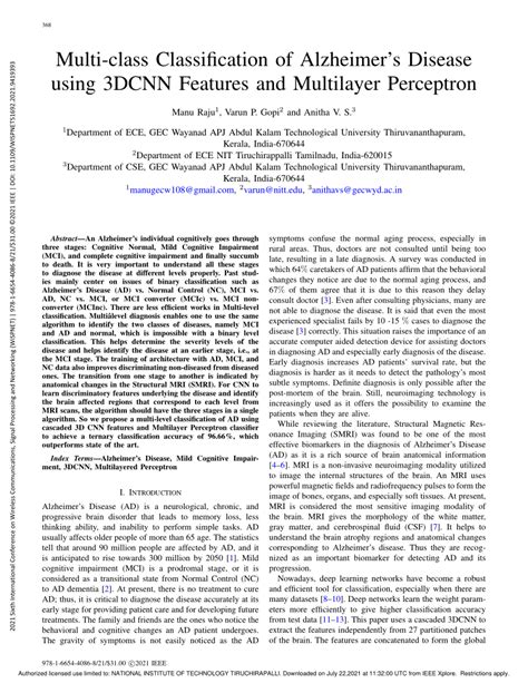 pdf multi class classification of alzheimer s disease using 3dcnn features and multilayer