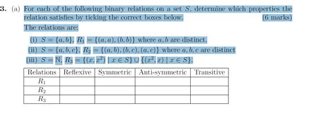 solved 3 a for each of the following binary relations on