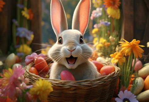 Ai Generative Photo Happy Bunny With Many Easter Eggs On Grass Festive