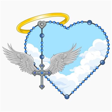 Cruz cristiana alada con un rosario en forma de corazón Vector Premium