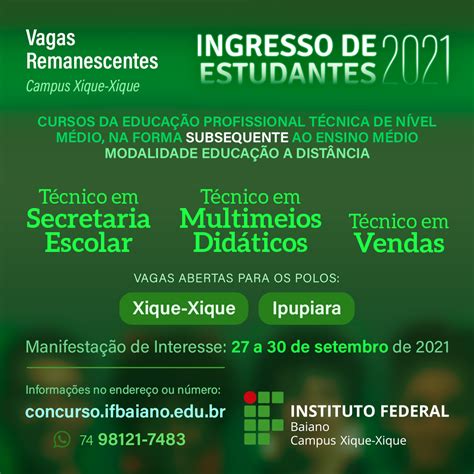 Vagas Remanescentes em cursos de Ensino Médio Subsequente EaD