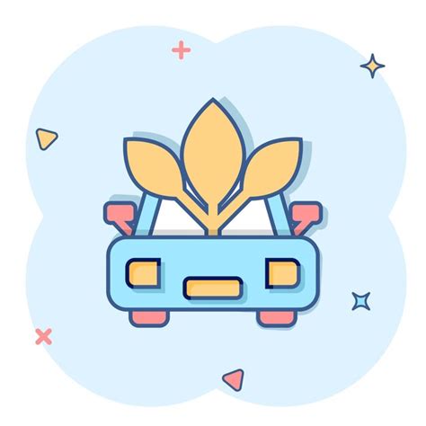 Ikona Samochodu Ekologicznego W Komiksowym Stylu Liść I Auto Kreskówka