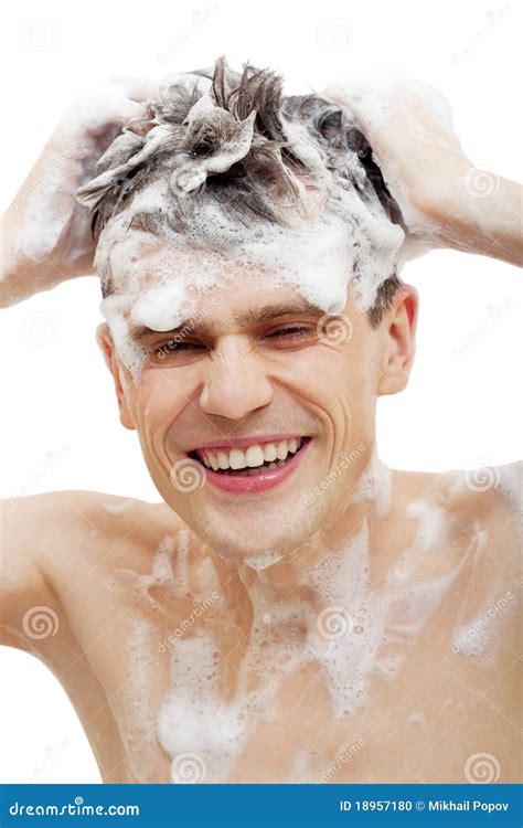 Homme Nu Avec Le Shampooing Au Dessus Du Cheveu Photo Stock Image Du