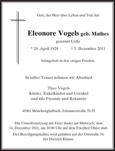 Alle Traueranzeigen für Eleonore Vogels trauer rp online de