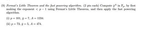solved fermat little theorem and the fast powering algorithm 2 pts each compute ga in fp