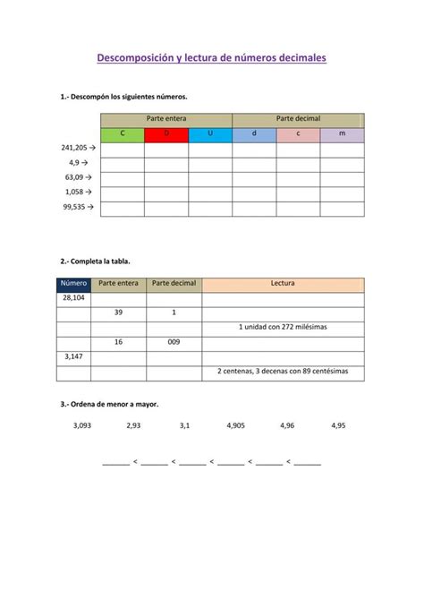 Ejercicio De Descomposici N Escritura Y Lectura De N Meros Decimales